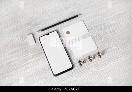 Stationery mock up. Blank corporate identity template on light wooden ...