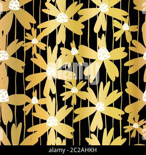 Gold foil ditsy flowers seamless vector pattern. Faux metallic golden ...