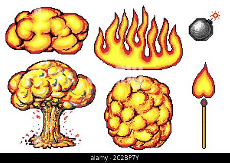 Nuclear explosion. Pixel art 8 bit fire objects. Mushroom cloud. Game ...