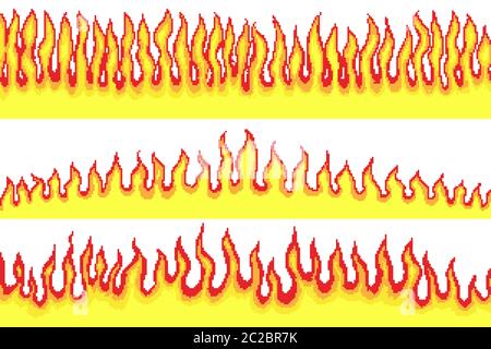 Pixel fire animation. Red hot flame, burning effect fire border and ...