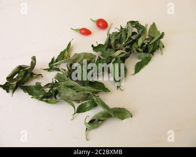 Dried goji leaves on a wooden board Stock Photo - Alamy