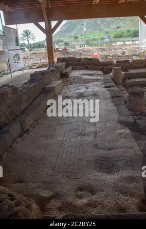 Mosaic floor in the ancient synagogue at the ruins of the ancient ...