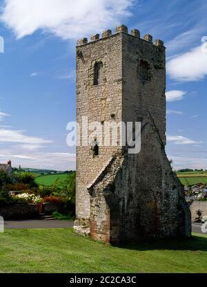 A historic walled town with a church tower sits above a horseshoe river ...