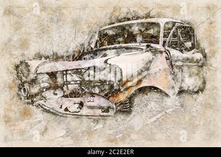 Digital Painting Of A Scrap Car Stock Photo - Alamy