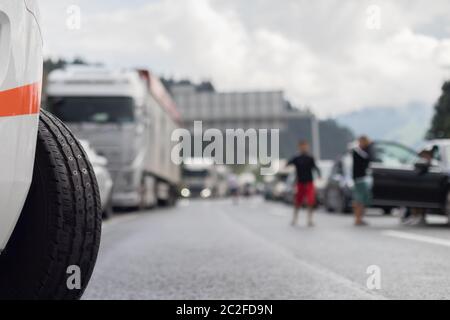 Typical scene on European highways during summer holiadays rush hour. A ...