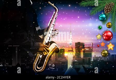 Christmas pink music illustration with saxophone player on cityscape of ...