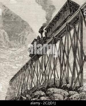 An engraved steam train illustration of the 19th century New York USA ...