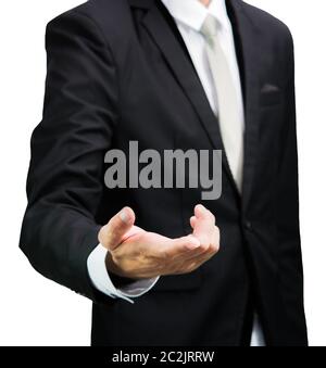 Businessman standing posture show hand isolated on over white ...