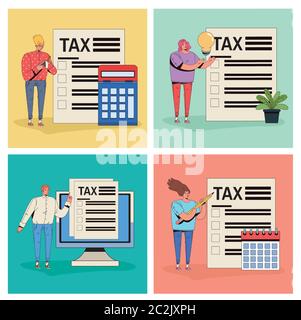group of people with taxes and money icons vector illustration design ...