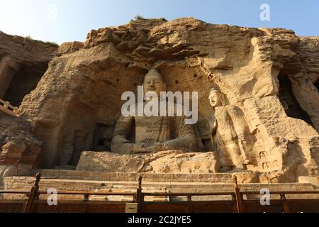 View of a Buddha sculpture at Yungang Grottoes in Datong city, north ...