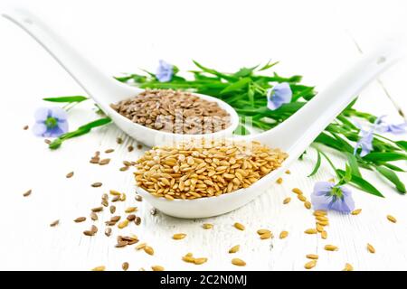 Spoons with flax seeds on color background, closeup Stock Photo - Alamy