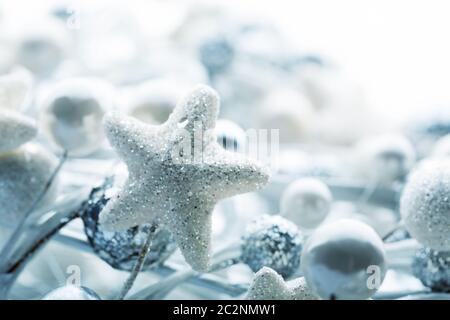 Closeup of christmas decoration bulbs. Toned in blue Stock Photo - Alamy