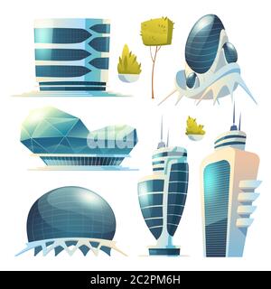 Cartoon set futuristic buildings unusual shapes with glass facade and ...