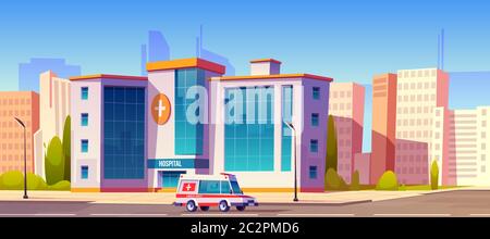 Cityscape with hospital building, ambulance car and helicopter. Vector ...