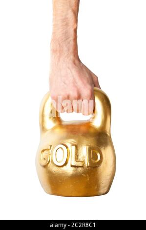 A hand holding heavy weight of gold. Isolated on white Stock Photo - Alamy