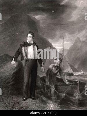 LORD BYRON (1788-1824) English Romantic poet in Albanian dress. Detail ...