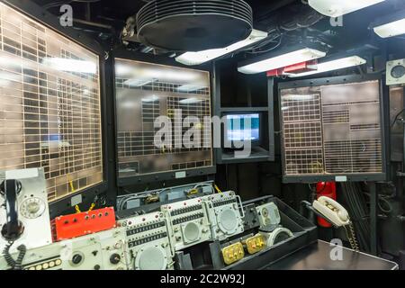 Capitan's brige control panel on aircraft carrier in uss midway museum ...