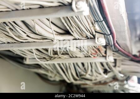 Military ship cable bunch. Electrical wires on aircraft carrier Stock ...