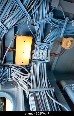 Military ship cable bunch. Electrical wires on aircraft carrier Stock ...