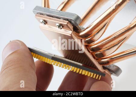 Engineer installing computer processor to big cooler Stock Photo - Alamy