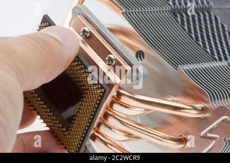 Engineer installing computer processor to big cooler Stock Photo - Alamy