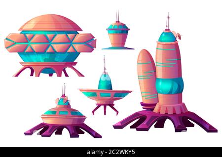 Vector mars colonization cartoon set. Spaceship, shuttle, rocket, mars ...