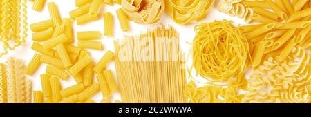 Italian pasta texture, flatlay banner, overhead shot on a white ...