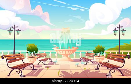 Summer seafront with fountain, benches and vintage fence. Vector ...
