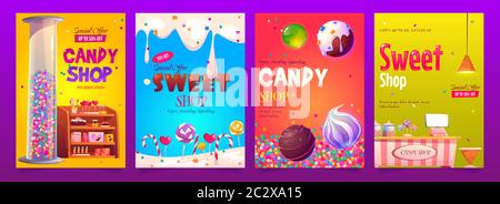 Candy and sweet shop ad banners set. Various pastry on shelf, cashier ...