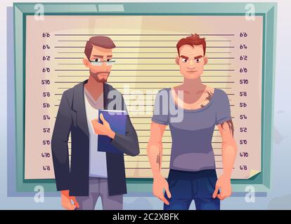 Criminal and lawyer or investigator stand on measuring scale background ...
