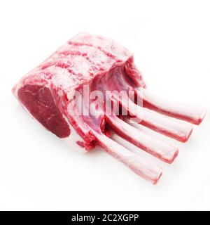 Raw lamb chops, Rack of Lamb Isolated on white background. Top view ...