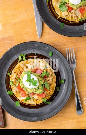 Chicken tostadas top view. Tostadas are a type mexican food, made with ...
