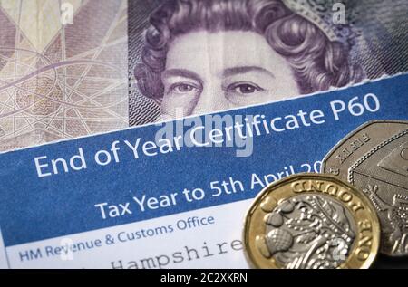 P60 certificate or form showing yearly earnings for the previous tax ...