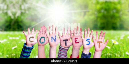 Children Hands Building Word Contest, Snowy Winter Background Stock ...