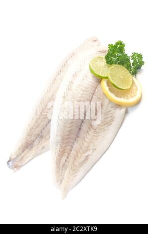 Raw Fillet Of Plaice Isolated On White Stock Photo - Alamy