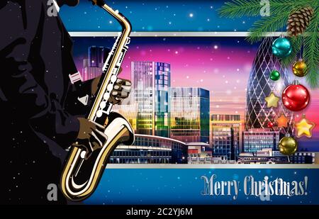 Christmas pink music illustration with saxophone player on cityscape of ...
