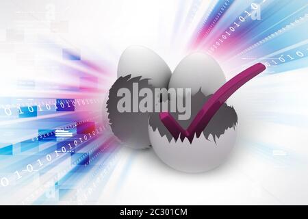 Egg shells with check sing in color background Stock Photo - Alamy