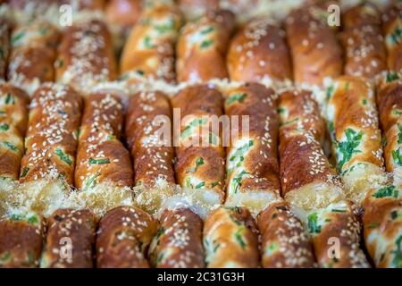 Traditional Chinese baked goods in a bakery display case, Chinatown ...