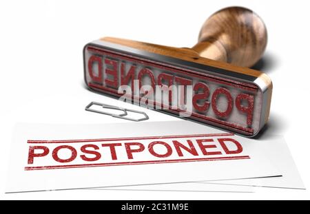 Rubber stamp and business cards with the text postponed. Delayed event ...