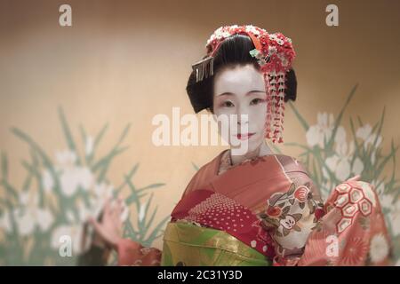 Japanese Maiko or geisha in red kimono coifed hair brooch with patterns ...