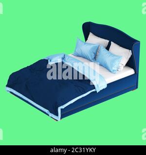 A soft blue double bed with blue and white bed linen on blue background ...