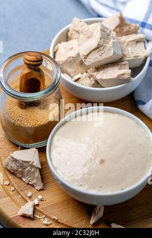 Different types of yeast. Fresh pressed and dry instant yeast on white ...