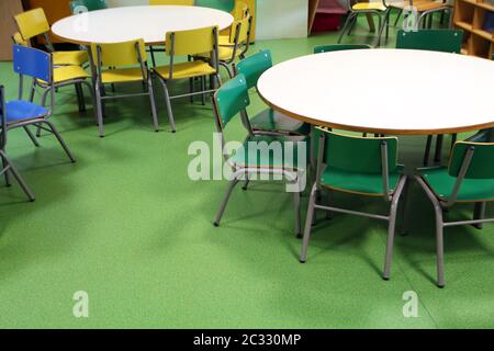 Close view of colorful round tables in primary school Stock Photo - Alamy