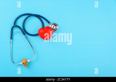 Doctors with red hearts on blue background with space for text. Banner ...
