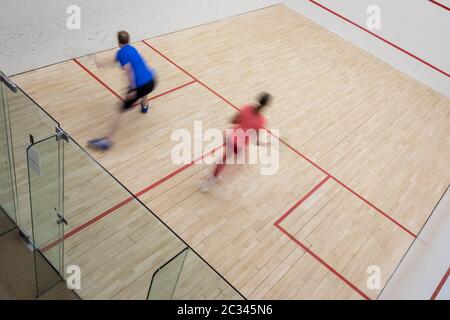Squash players in action on a squash court (motion blurred image; color ...