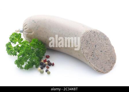 German Leberwurst isolated on white background (selective focus; close ...