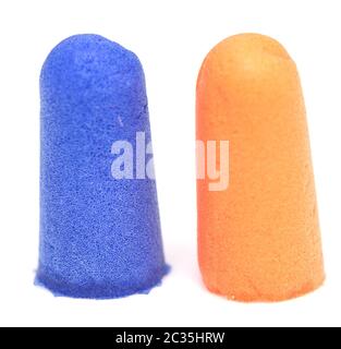 Orange rubber ear plugs on a white background with copy space Stock ...