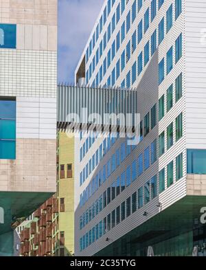 Glass Pedestrian Bridge Between Two Tall Buildings, Modern Cityscape ...