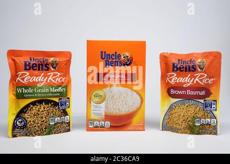 Box of Uncle Bens Basmati Rice four bags of two portions Stock Photo ...