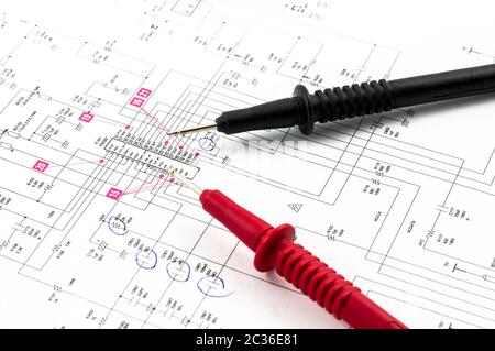 Electricity diagram (drawing or design) and pointed electrical test ...